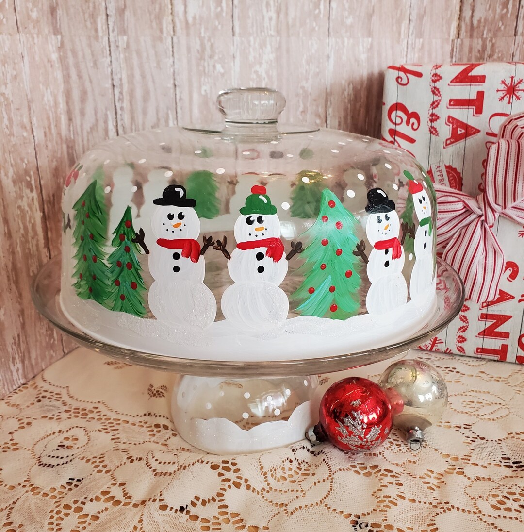Hand Painted Snowman Christmas Cake Plate, Holiday Domed Cake Stand ...