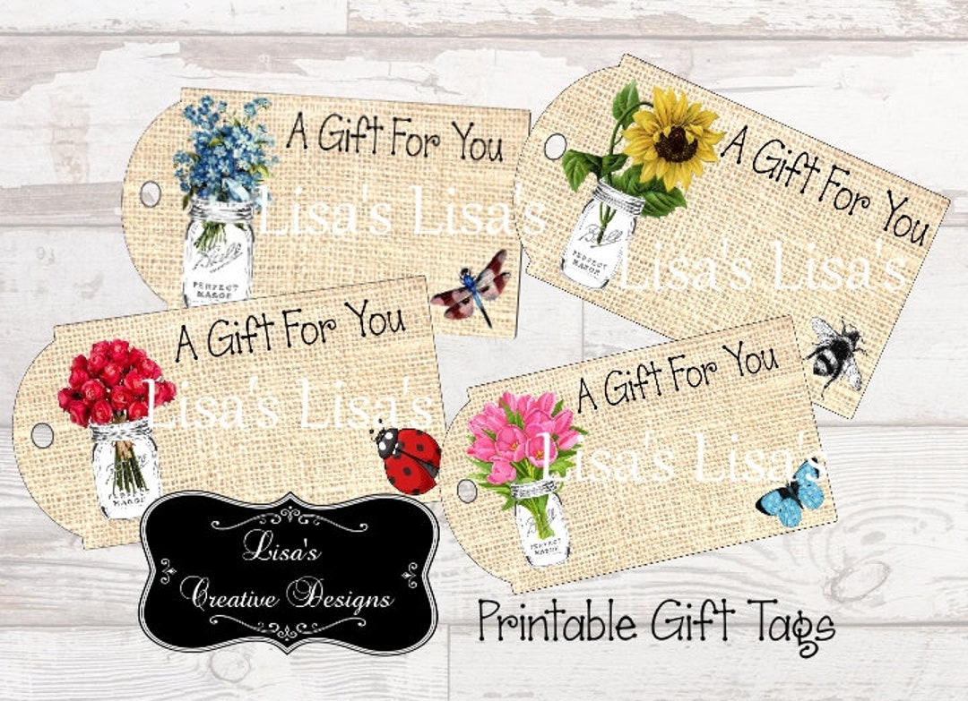 Printable Mason Jar Gift Tags With Burlap Background, Flower Gift Tags ...