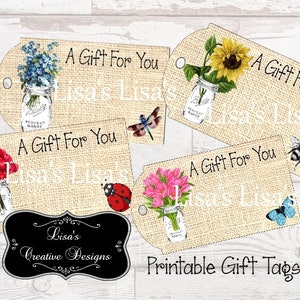 Printable Mason Jar Gift Tags With Burlap Background, Flower Gift Tags ...