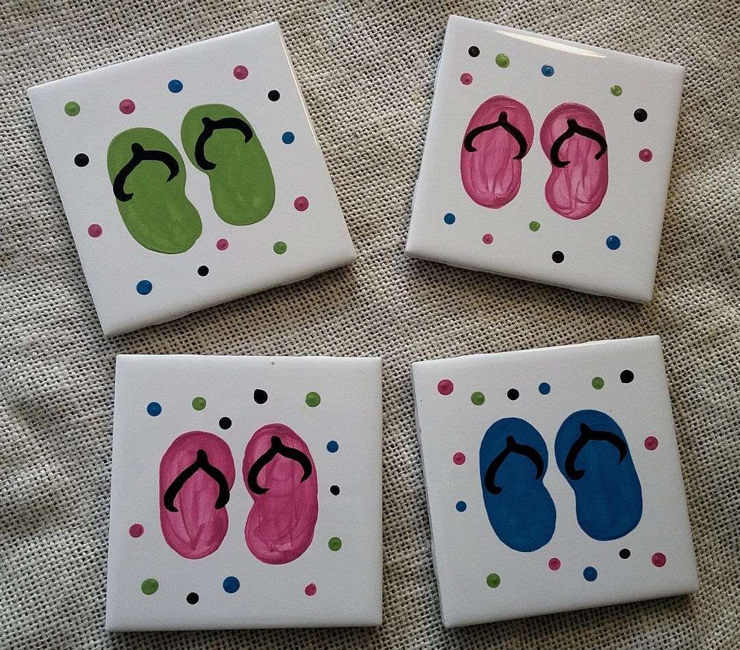 Hand Painted Flip Flop Coaster Set - Ceramic Tile Coasters, Summer ...