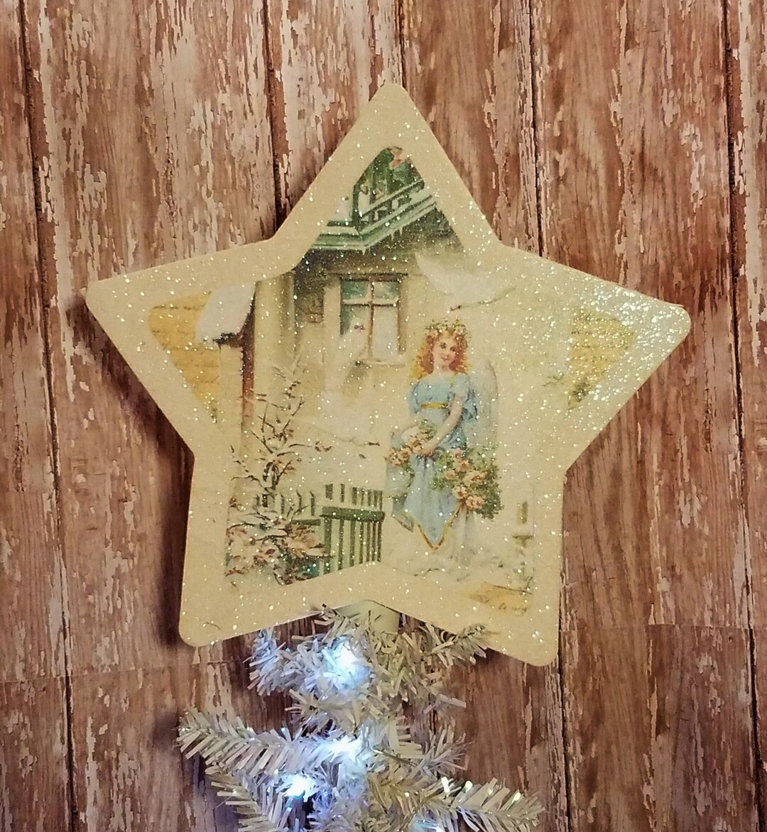 Handmade Victorian Christmas Tree Star Topper With Blue Angel and Snowy ...
