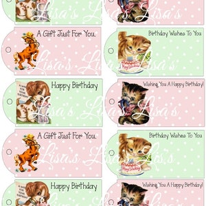 Printable Retro Birthday Gift Tags, Puppies and Kittens, Vintage Kitsch ...