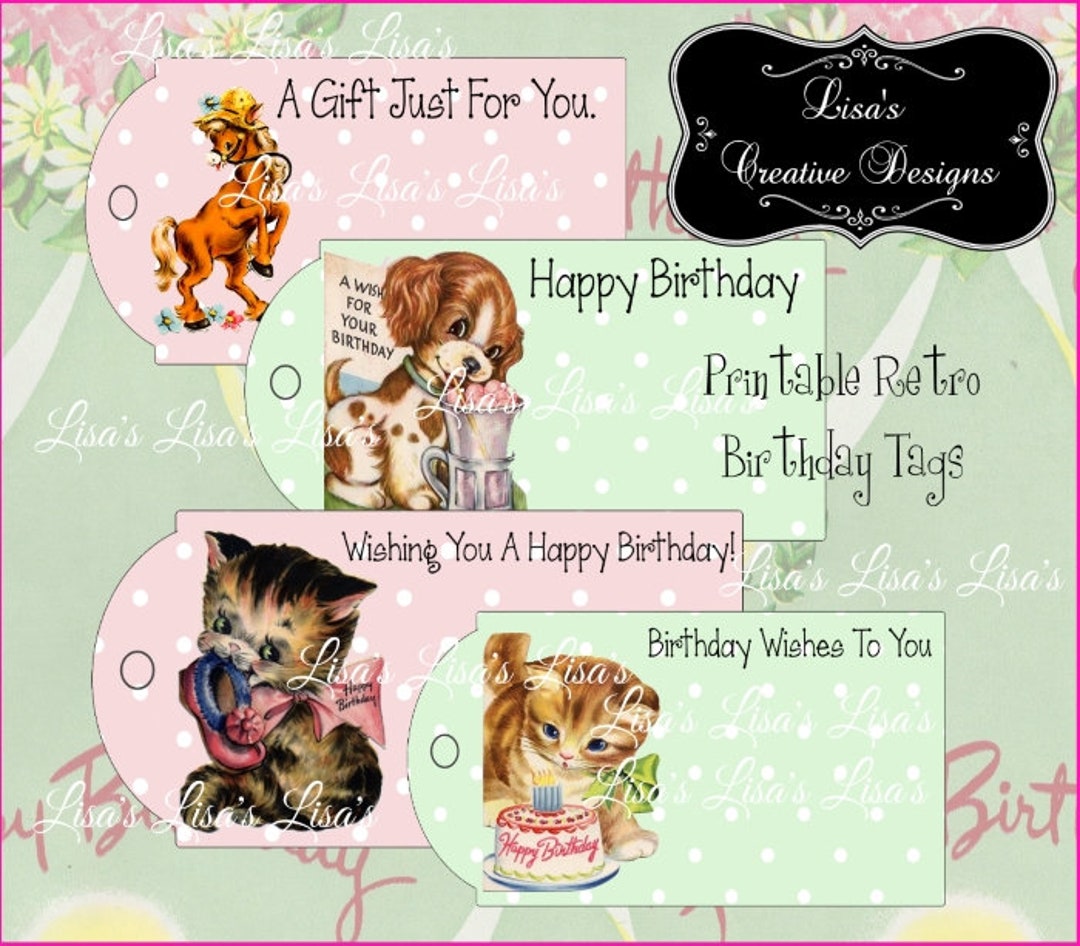 Printable Retro Birthday Gift Tags, Puppies and Kittens, Vintage Kitsch ...