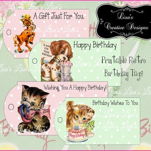 Printable Retro Birthday Gift Tags, Puppies and Kittens, Vintage Kitsch ...