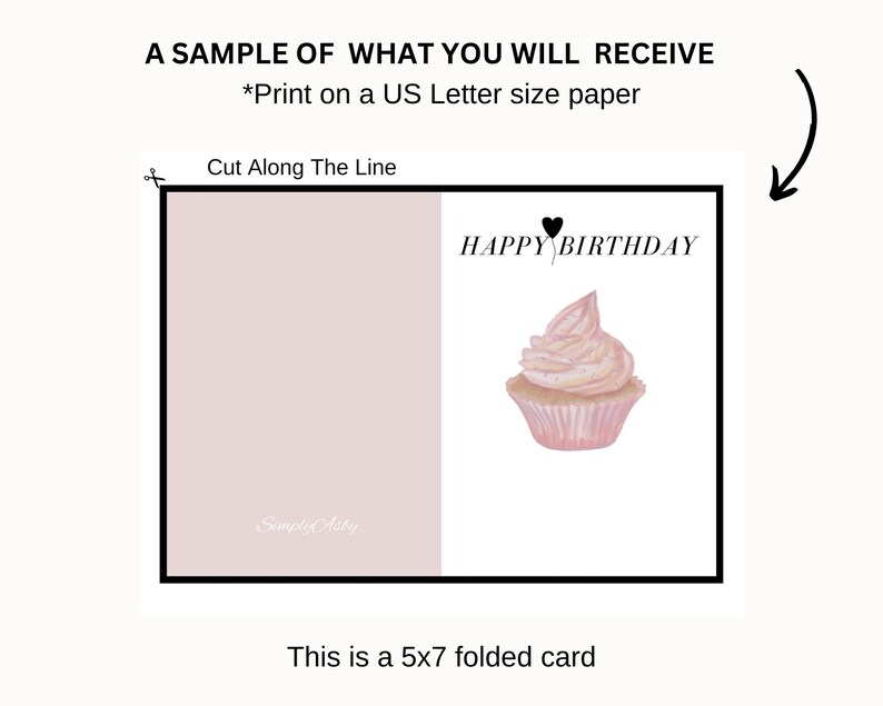 Pink Cupcake Birthday Card, Heart Balloon (PDF Printable 5x7in ...