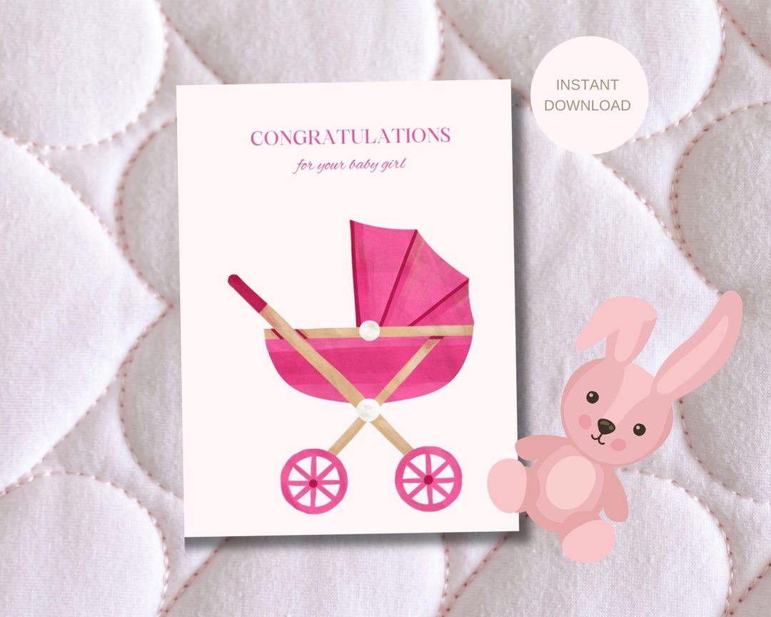 Pink Baby Stroller Card Printable Baby Shower Card- Digital Baby Girl ...
