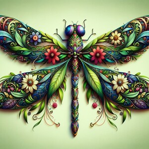 Fantasy Garden Flower Dragonfly Green Digital Download of AI Printable ...
