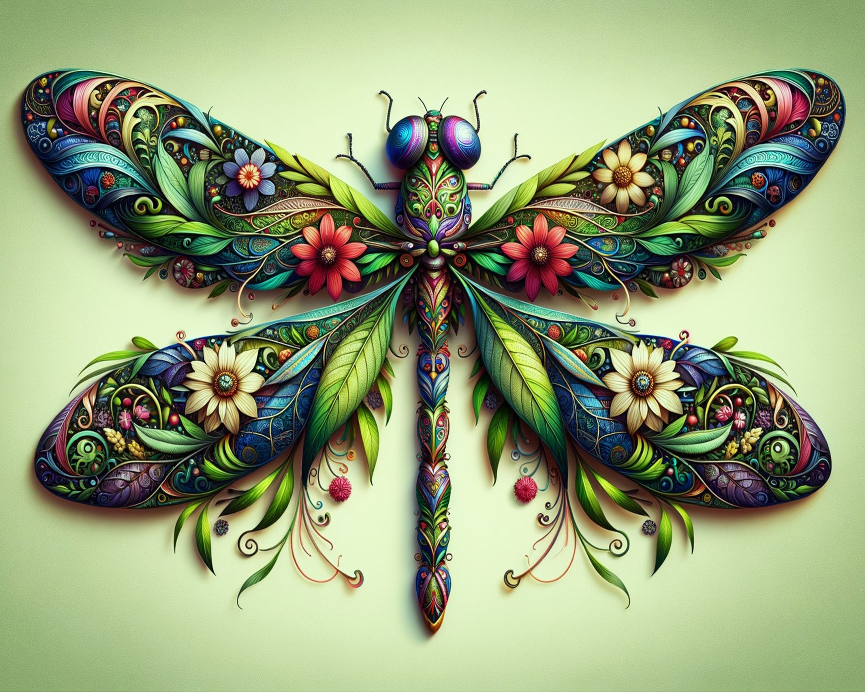 Fantasy Garden Flower Dragonfly Green Digital Download of AI Printable ...