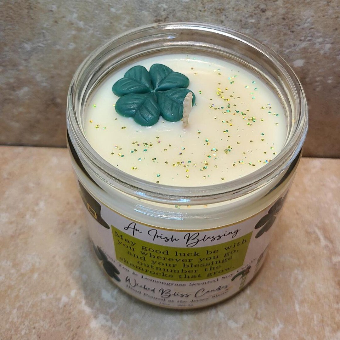 Irish Blessing Soy Candle: Green Tea Lemongrass Scented, Shamrock Decor ...