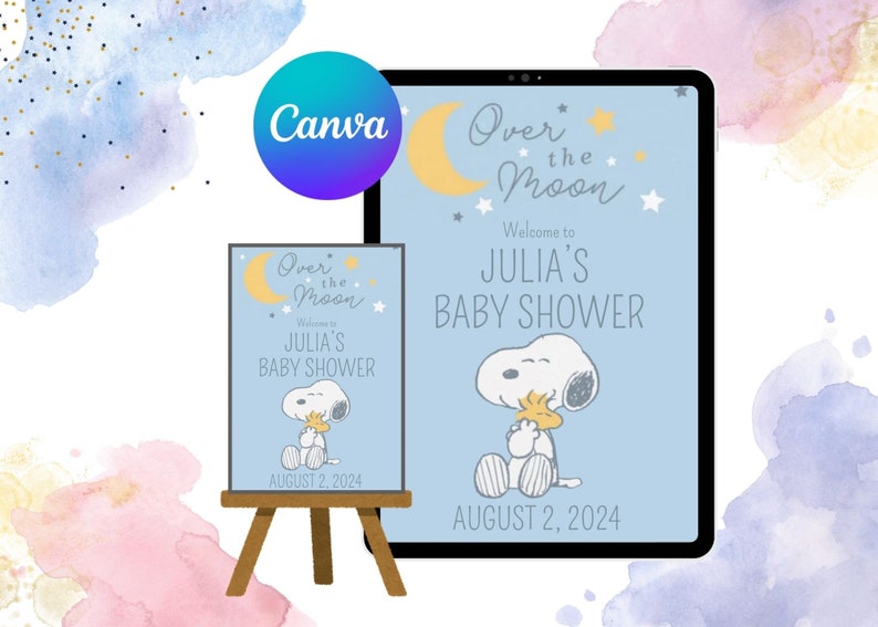 Editable Snoopy Baby Shower Welcome Sign, Over the Moon Snoopy and ...