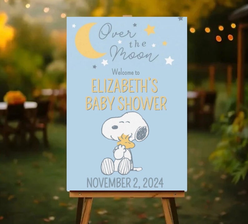 Editable Snoopy Baby Shower Welcome Sign, Over the Moon Snoopy and ...