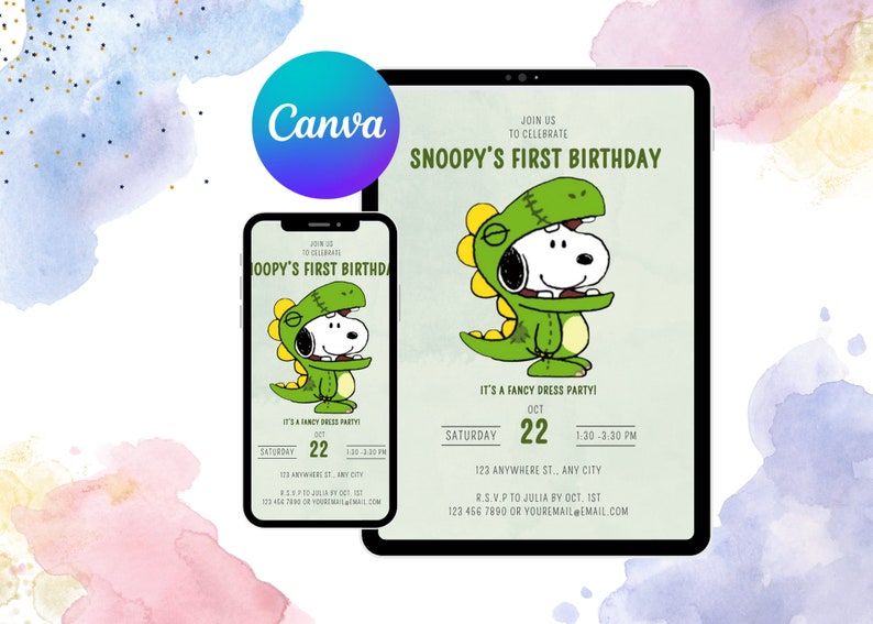 Snoopy Birthday Invitation for Children Fancy Dress Party Invite ...