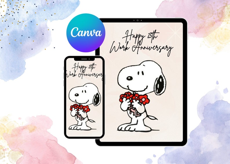 Snoopy Work Anniversary Card Digital Download Template Canva Dogs Theme ...