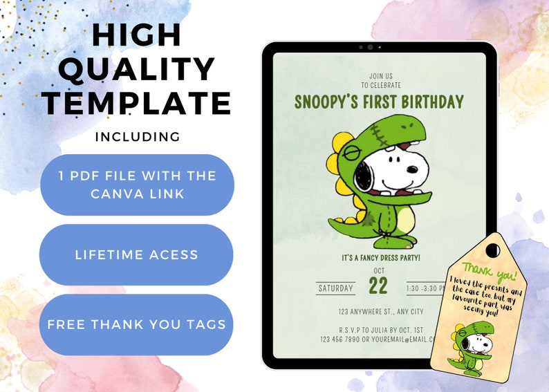 Snoopy Birthday Invitation for Children Fancy Dress Party Invite ...