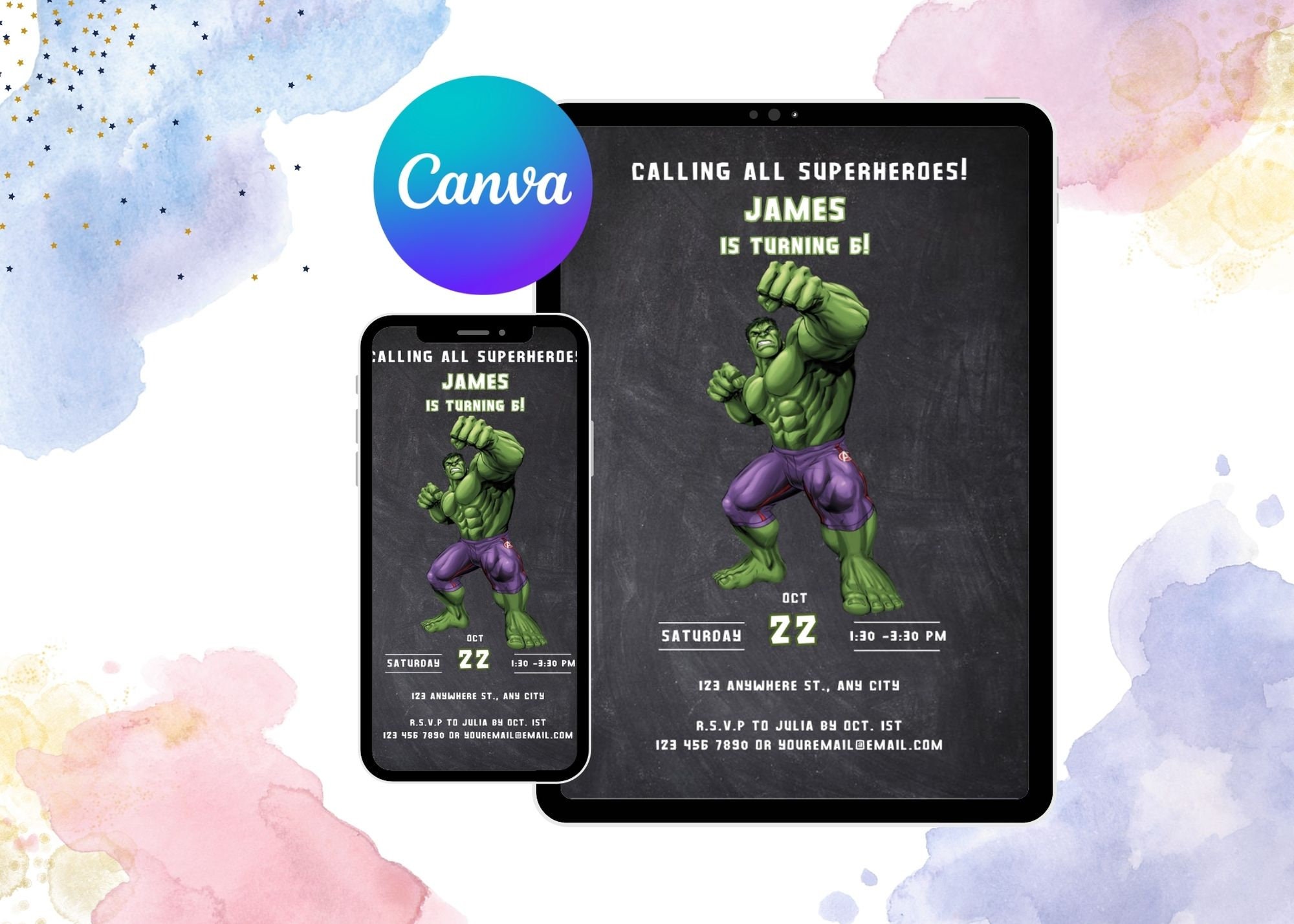 The Hulk Chalkboard Birthday Invitation, Party Hulk Invite, Superheroes ...