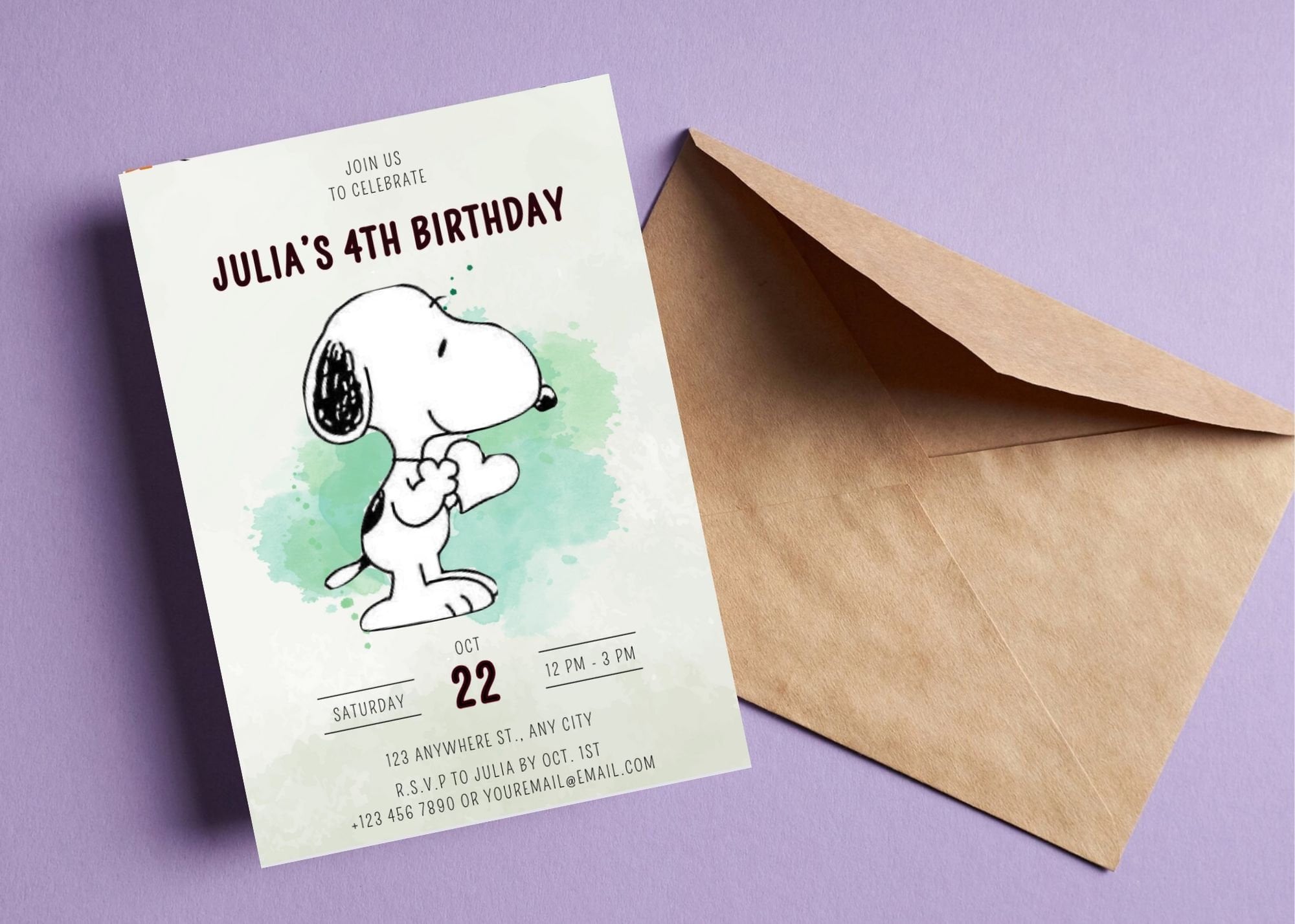 Invitación de cumpleaños de Snoopy para fiesta infantil Plantilla de ...