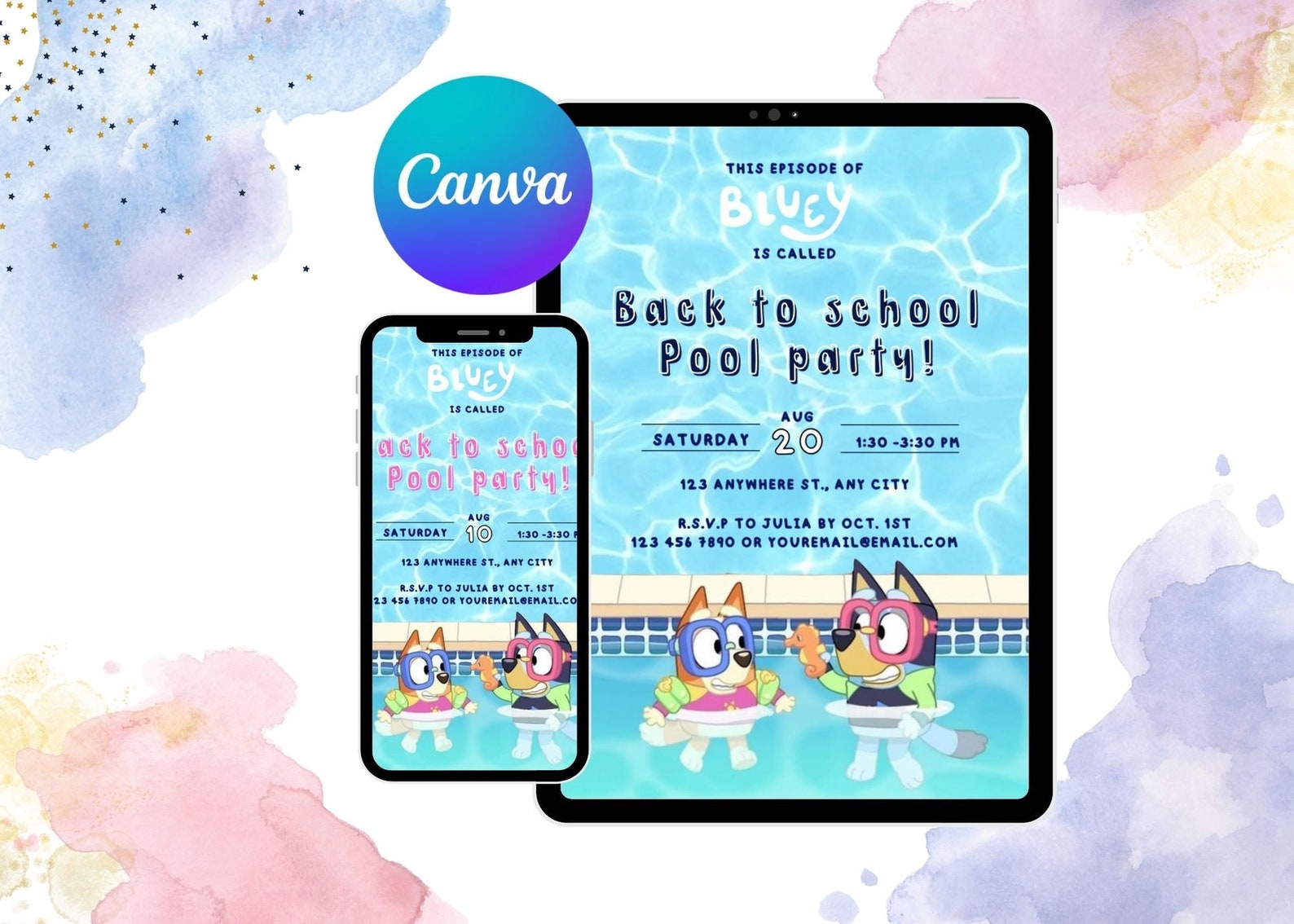 Bluey Back to School Pool Party Invitation, Bluey and Bingo Pool Party ...