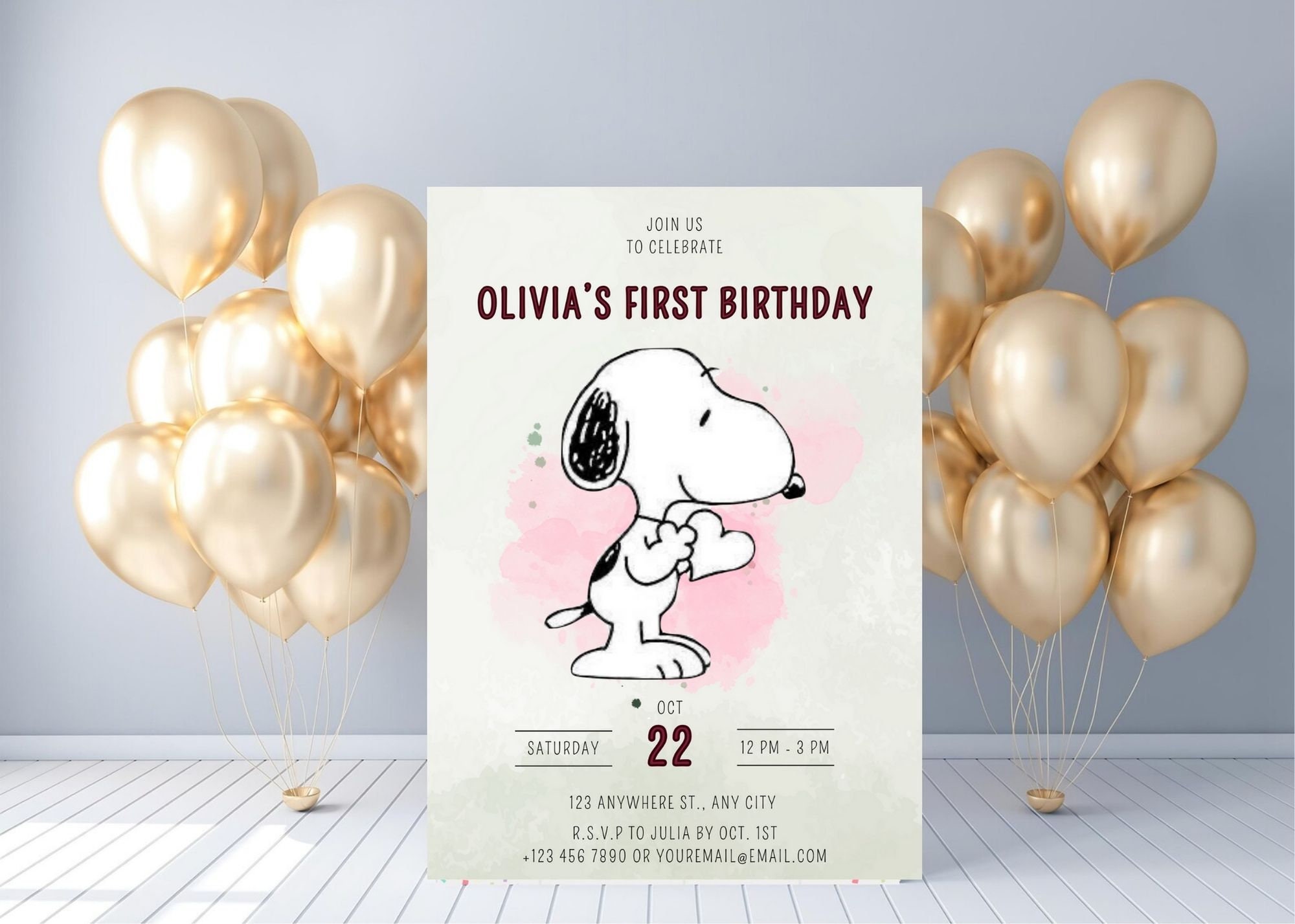 Invitación de cumpleaños de Snoopy para fiesta infantil Plantilla de ...