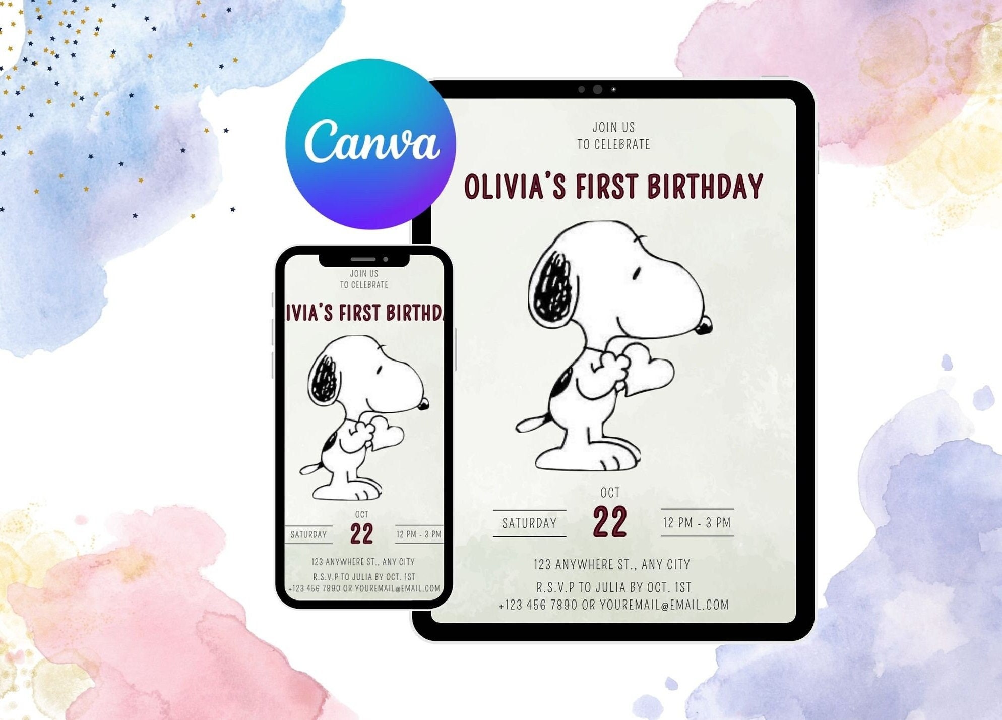 Snoopy Birthday Invitation for Children Party Invite Digital Download ...