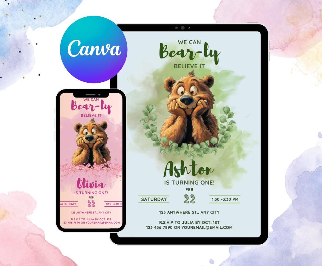 Editable Bear Birthday Invitation, Woodland Party Theme Forest Animal ...