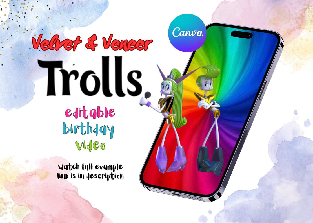 Velvet and Veneer Trolls Birthday Video Invitation, Colorful Cartoon ...