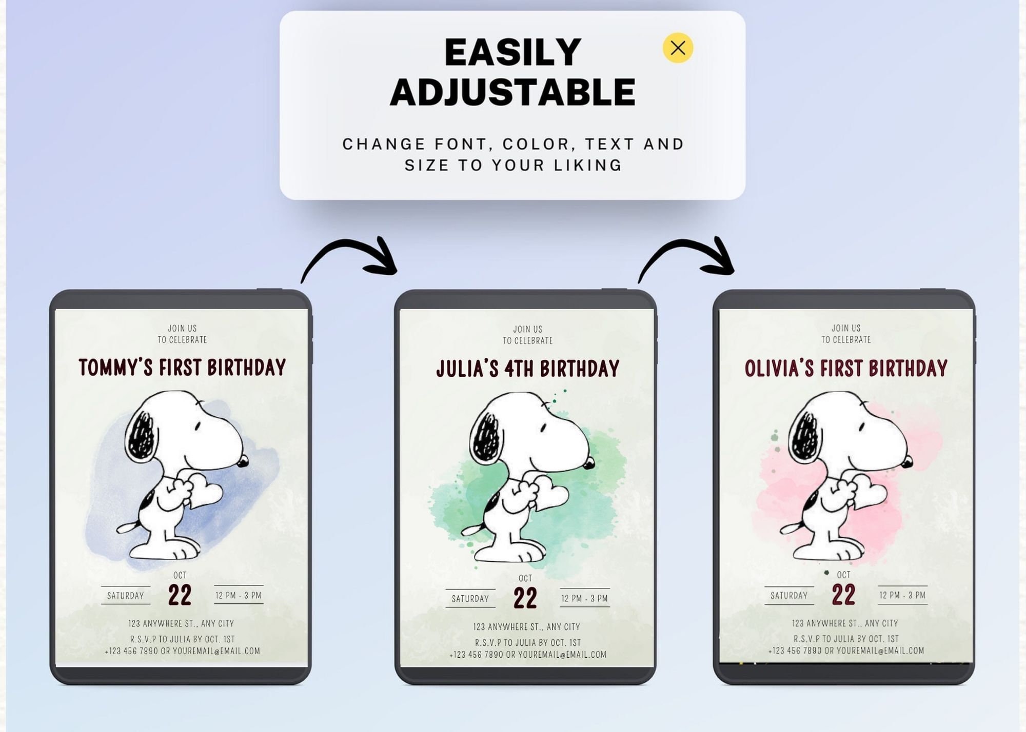 Invitación de cumpleaños de Snoopy para fiesta infantil Plantilla de ...