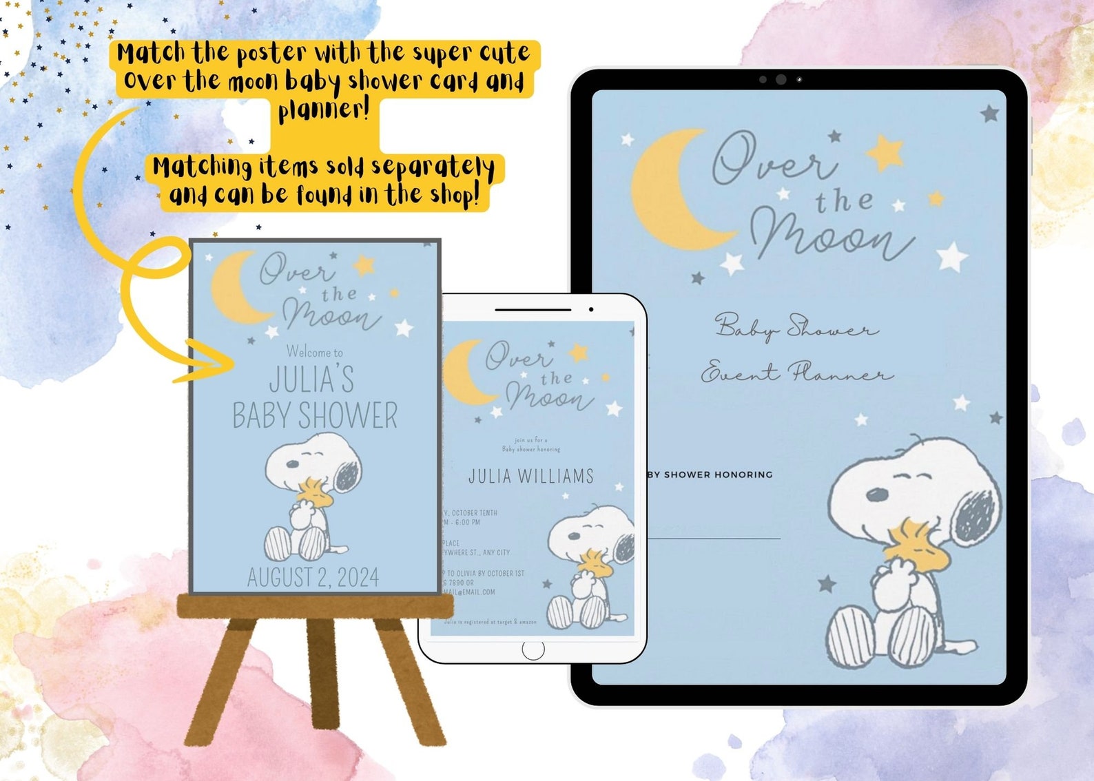 Editable Snoopy Baby Shower Welcome Sign, Over the Moon Snoopy and ...