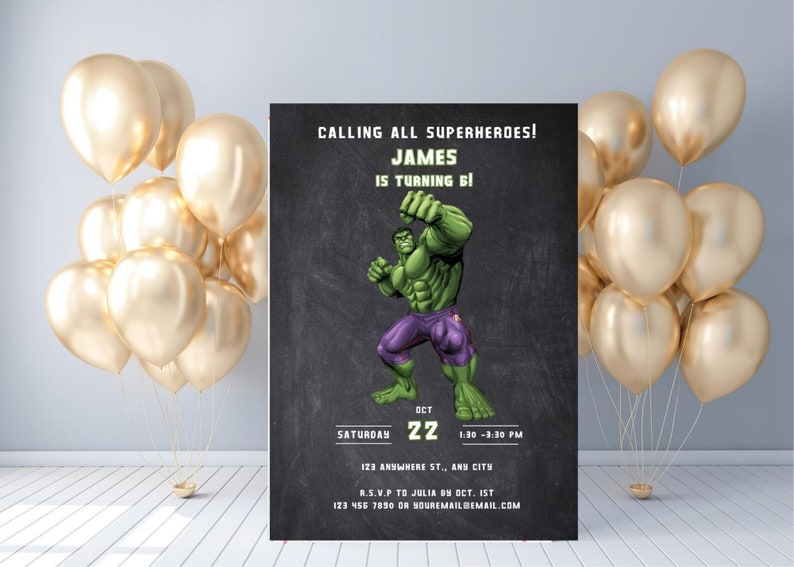 The Hulk Chalkboard Birthday Invitation, Party Hulk Invite, Superheroes ...