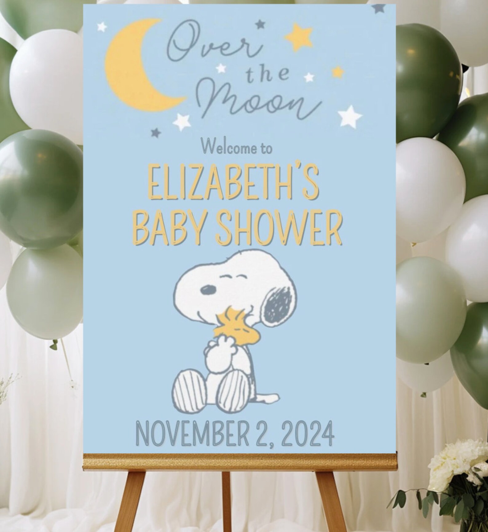 Editable Snoopy Baby Shower Welcome Sign, Over the Moon Snoopy and ...
