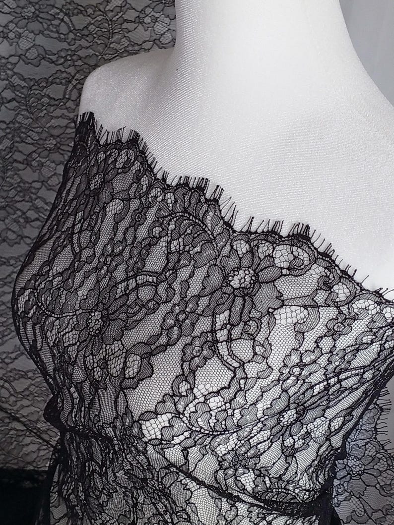 Black Chantilly Leavers Lace Fabric – Twilight Bloom Tangle With Dense ...