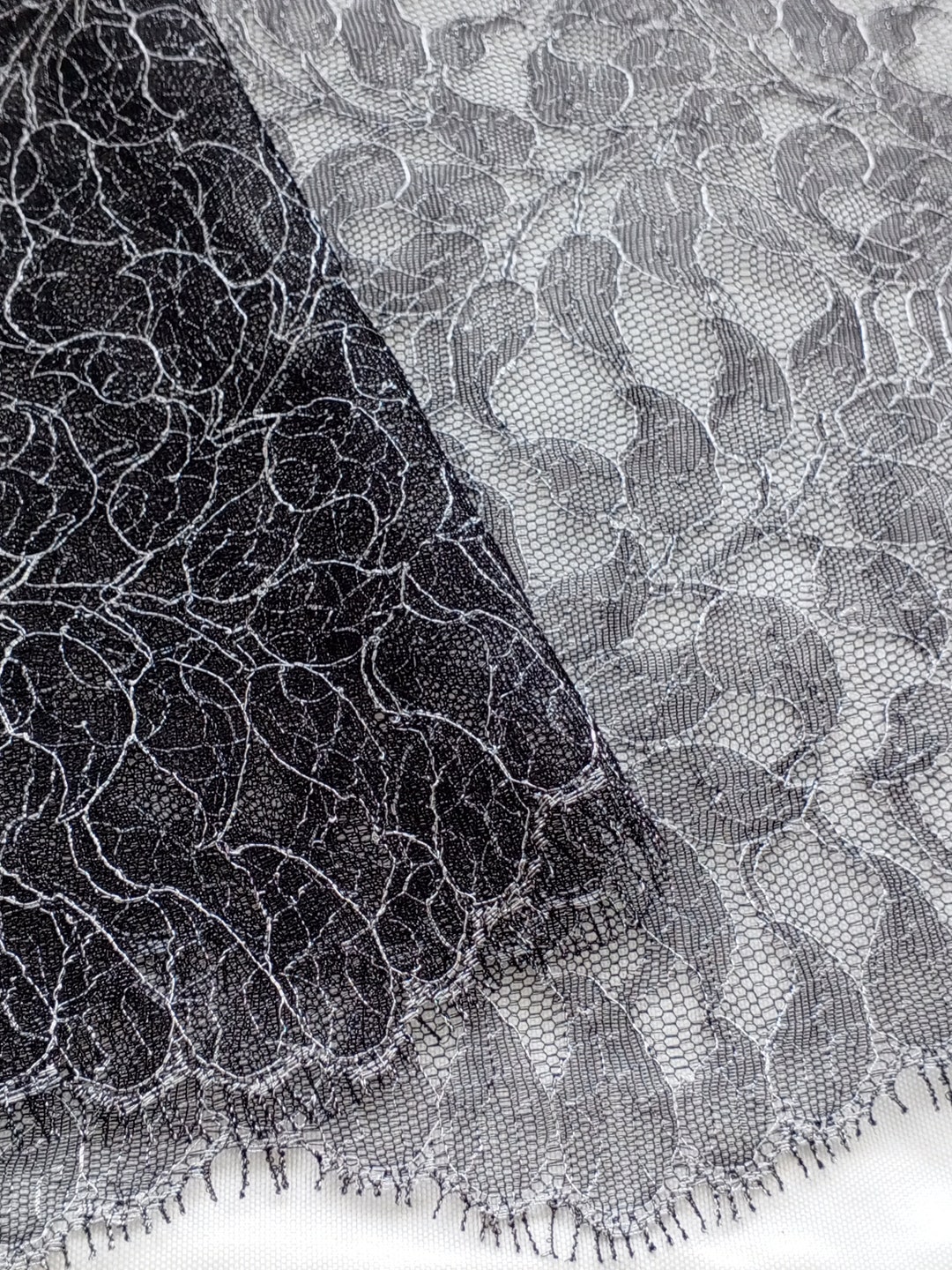 Black "silver Filigree Lace" Embroidery Floral Leavers Delicate ...