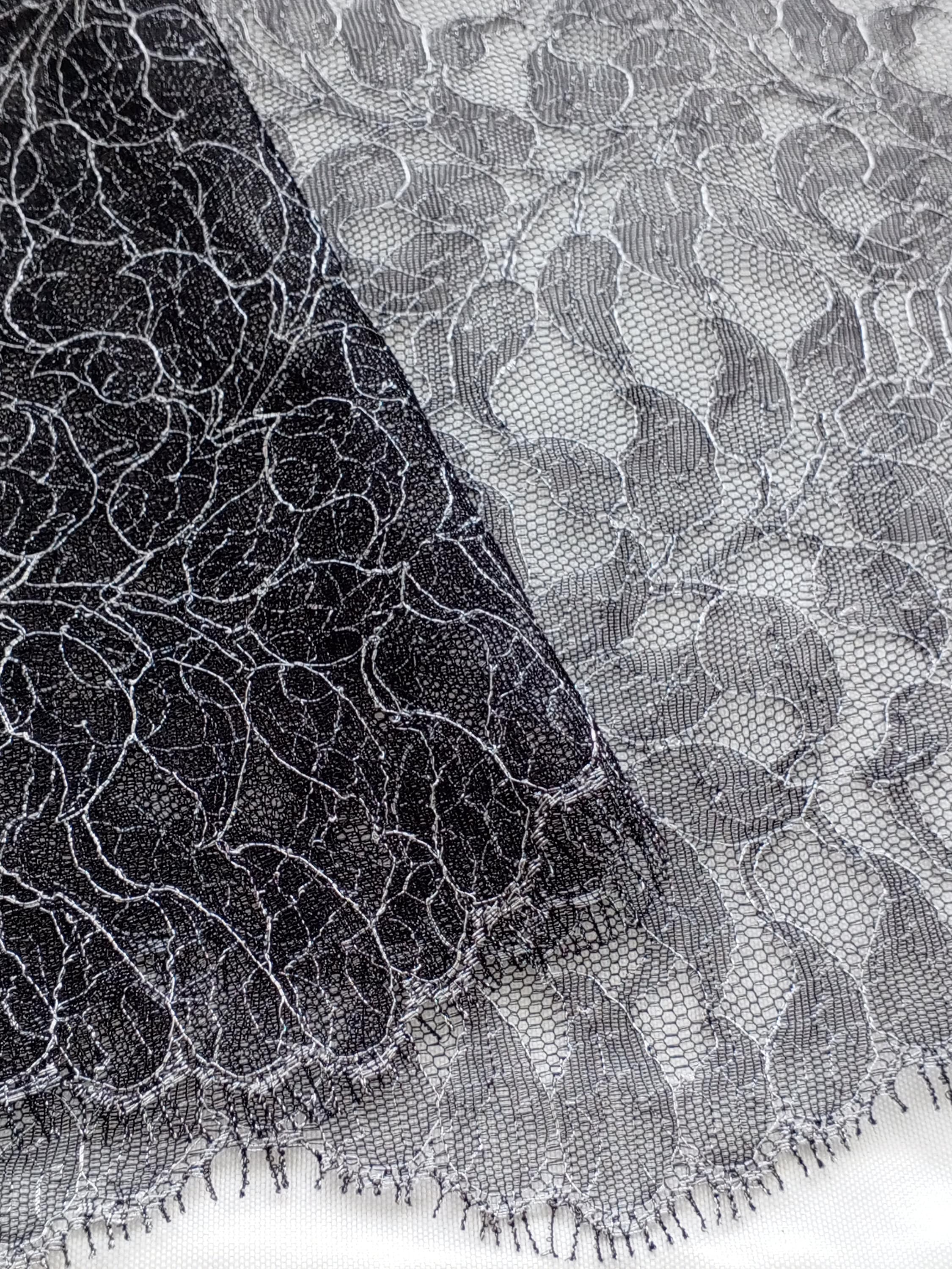 Black "silver Filigree Lace" Embroidery Floral Leavers Delicate ...