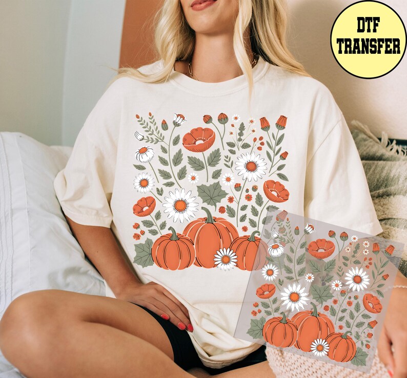 Fall Floral Pumpkin DTF Transfer, Retro Autumn Design, Ready to Press ...