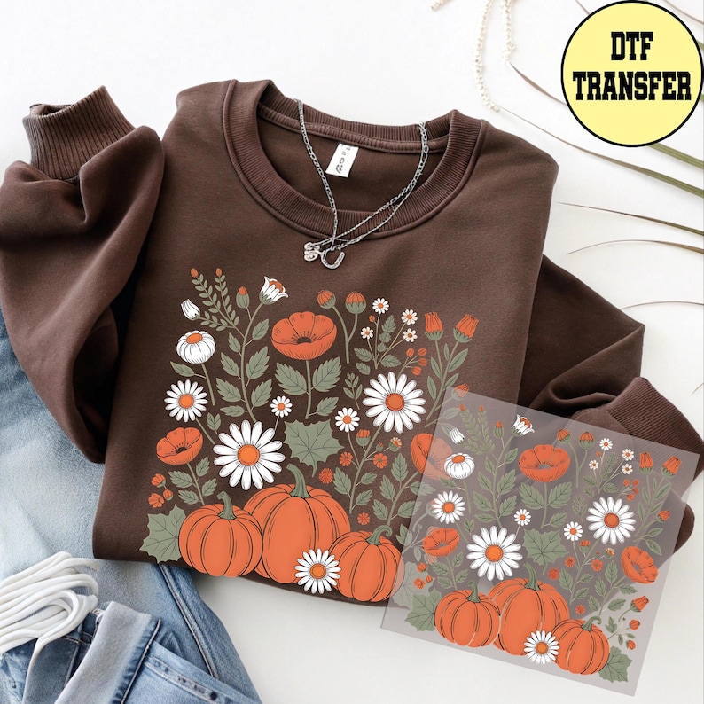Fall Floral Pumpkin DTF Transfer, Retro Autumn Design, Ready to Press ...