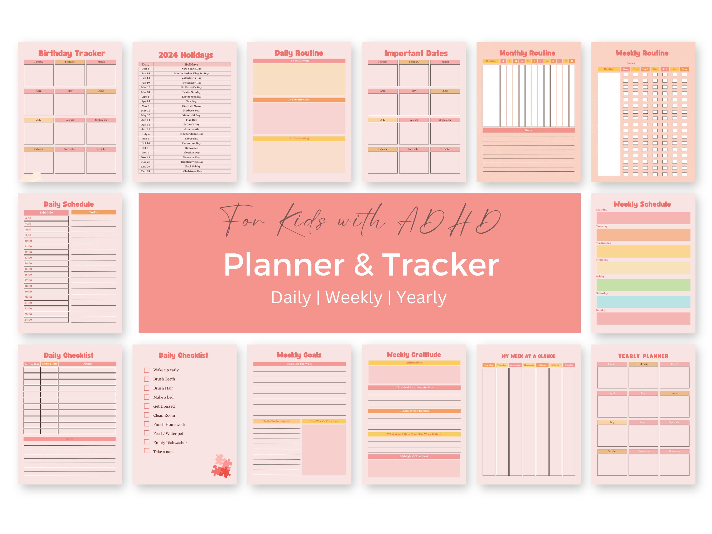 Fun Kids ADHD Planner Set: Worksheets, Calendar, Habit Tracker, Focus ...