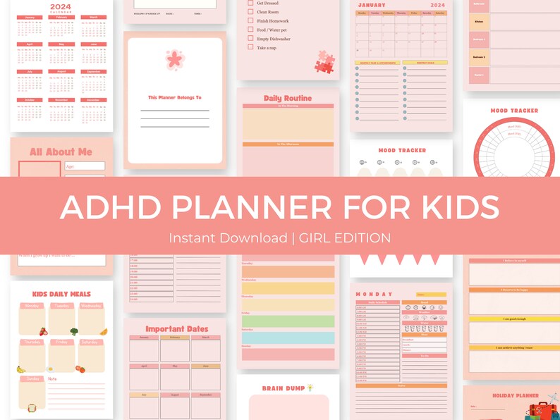 Fun Kids ADHD Planner Set: Worksheets, Calendar, Habit Tracker, Focus ...