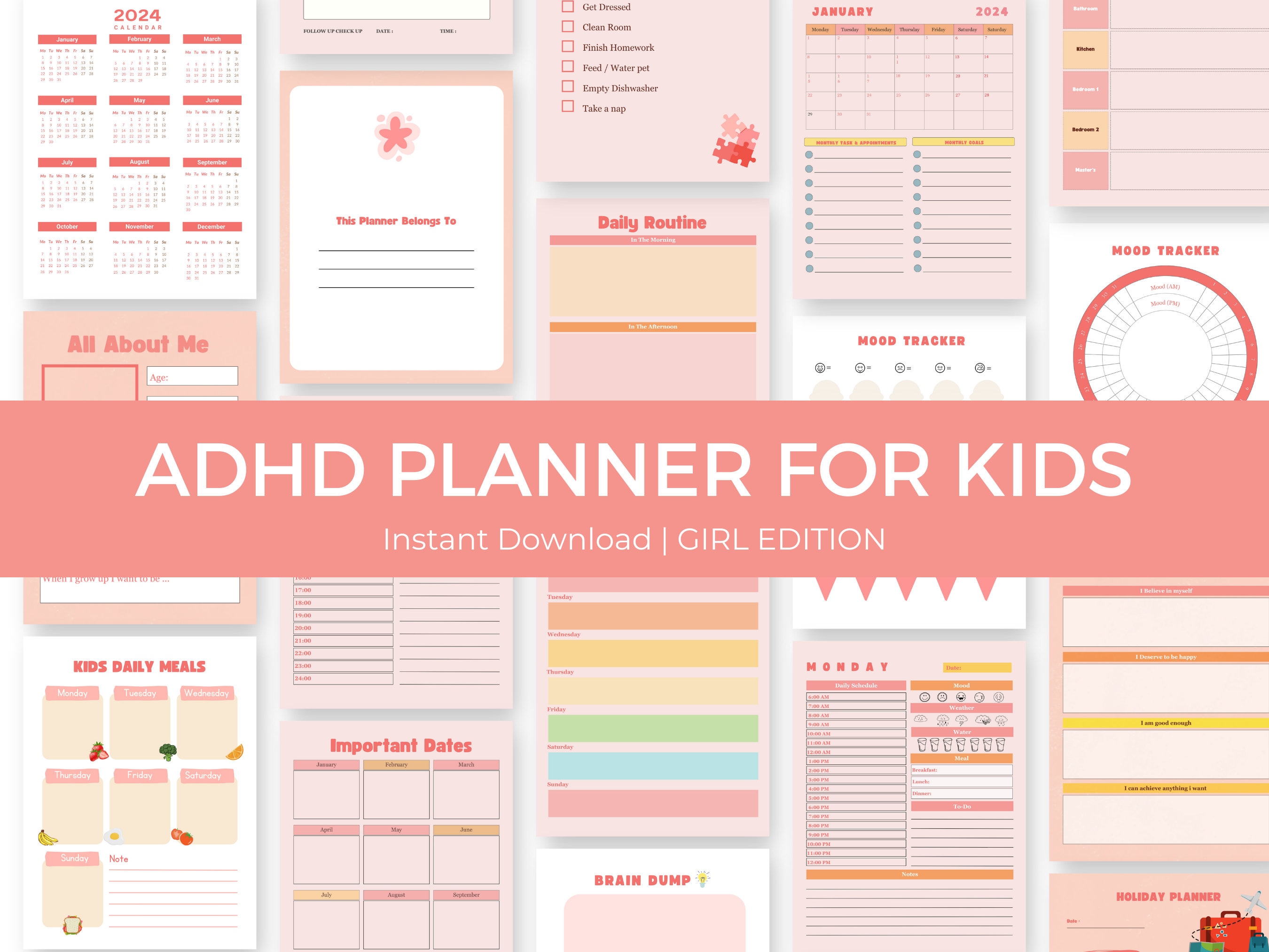 Fun Kids ADHD Planner Set: Worksheets, Calendar, Habit Tracker, Focus ...