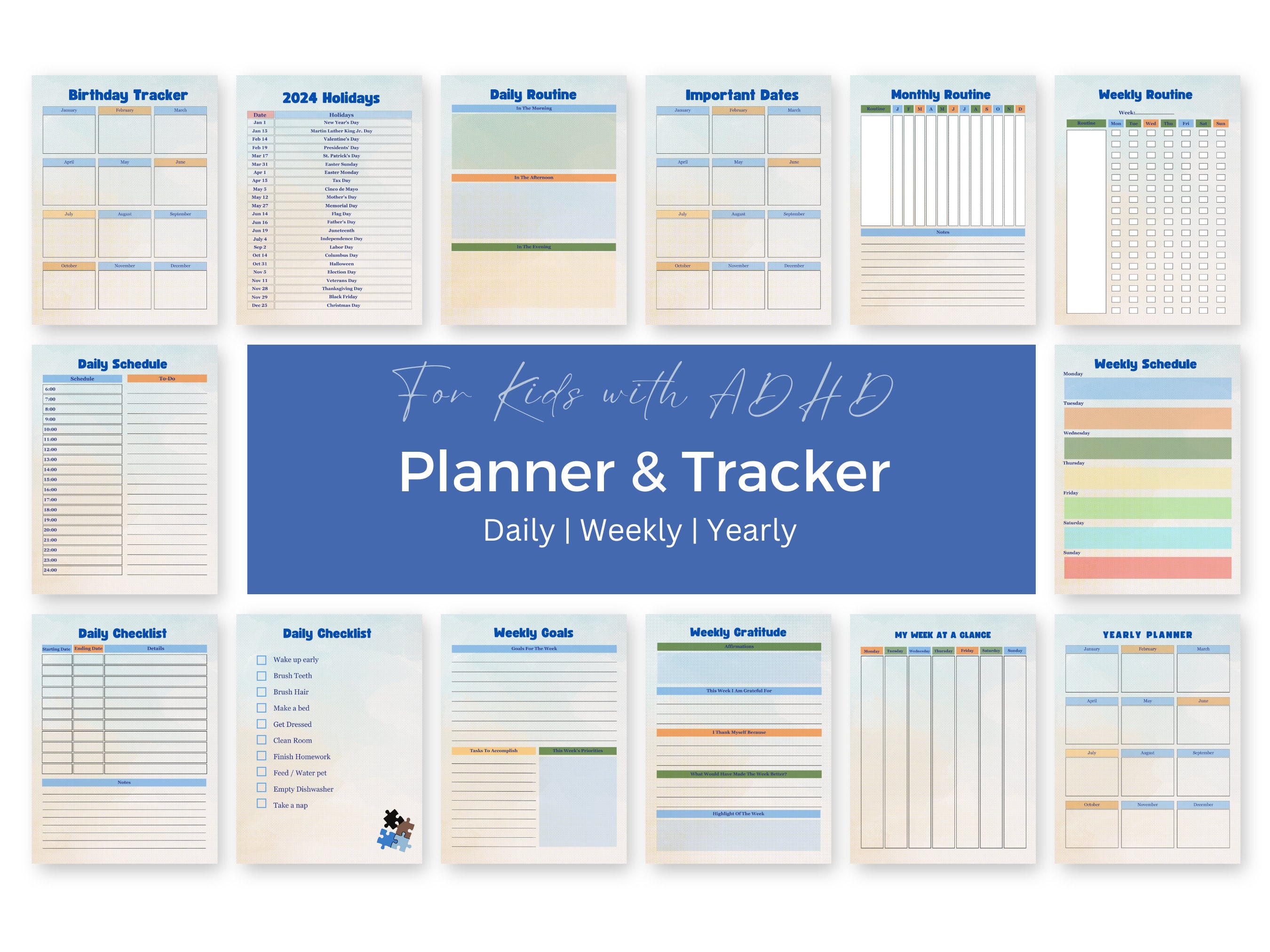 Fun Kids ADHD Planner Set: Worksheets, Calendar, Habit Tracker, Focus ...