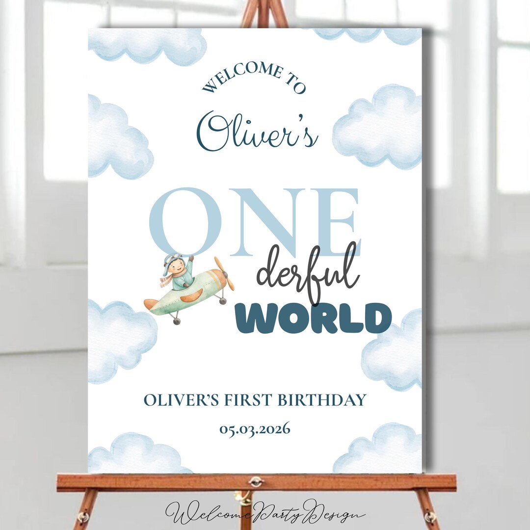 Boy First Birthday Welcome Sign Airplane Theme, One-derful World ...