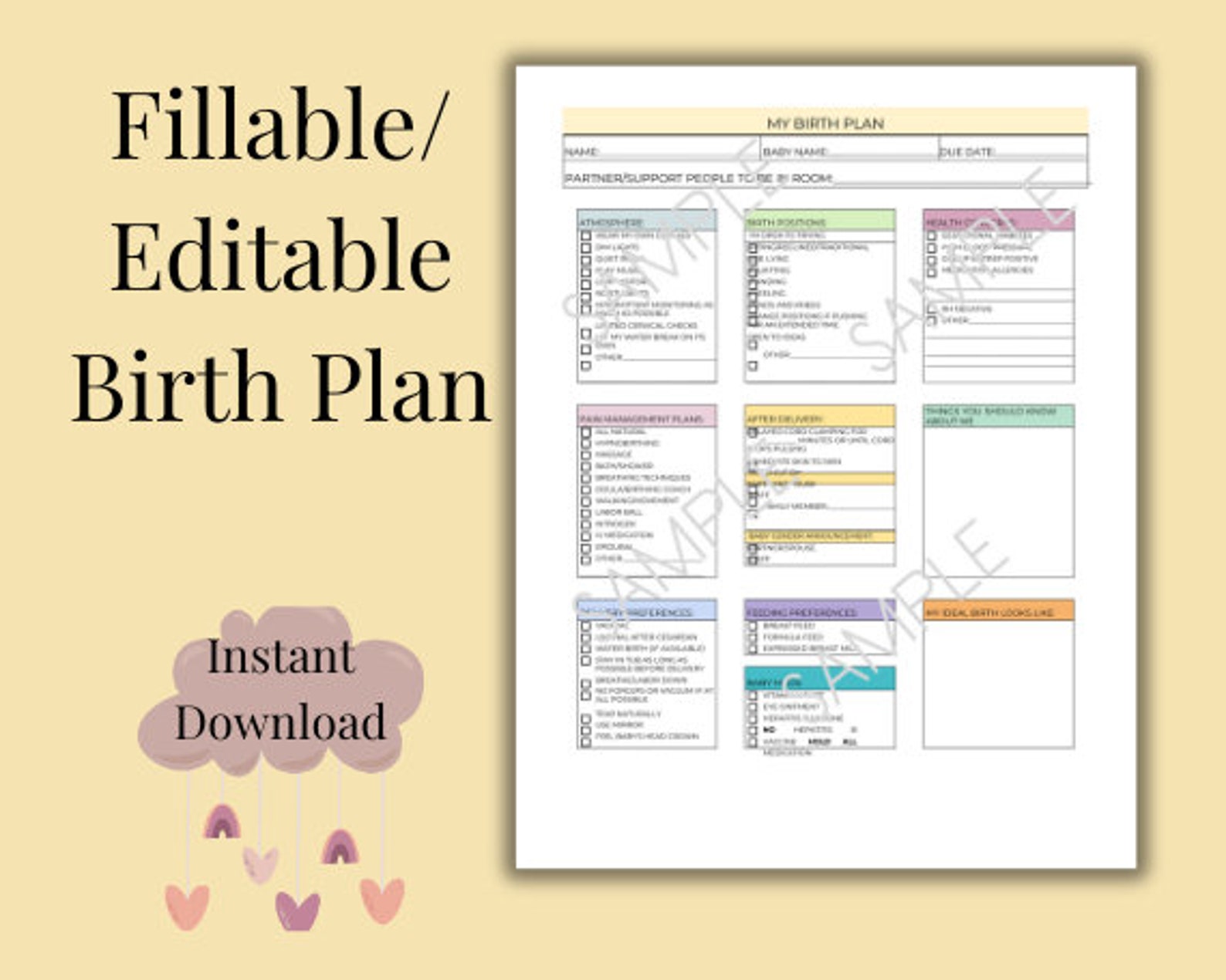 Fillable Birth Plan PDF File - Etsy