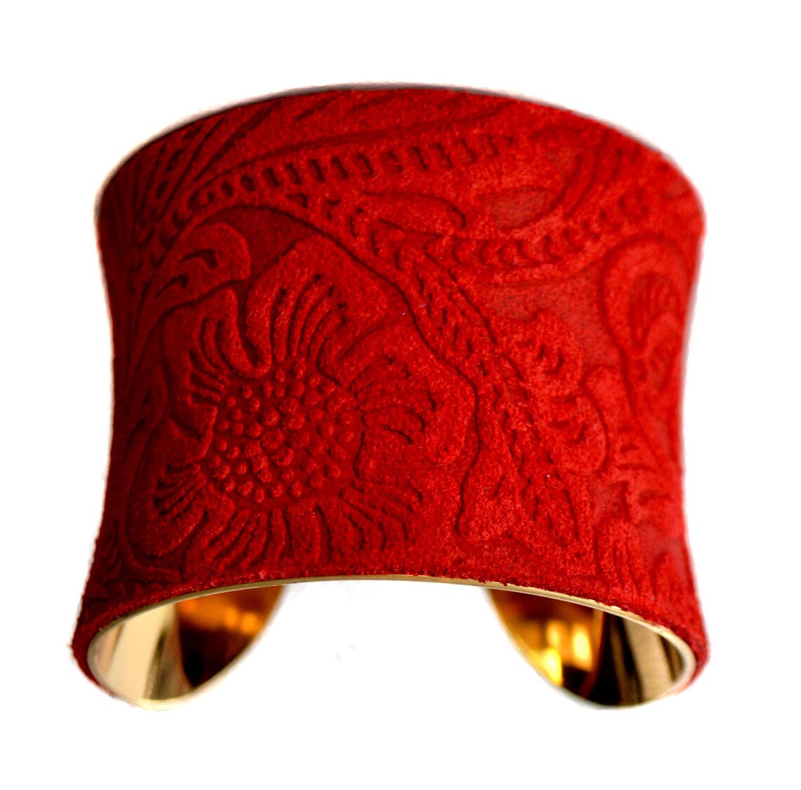 Bright Red Embossed Floral Suede Cuff Bracelet in Gold by - Etsy