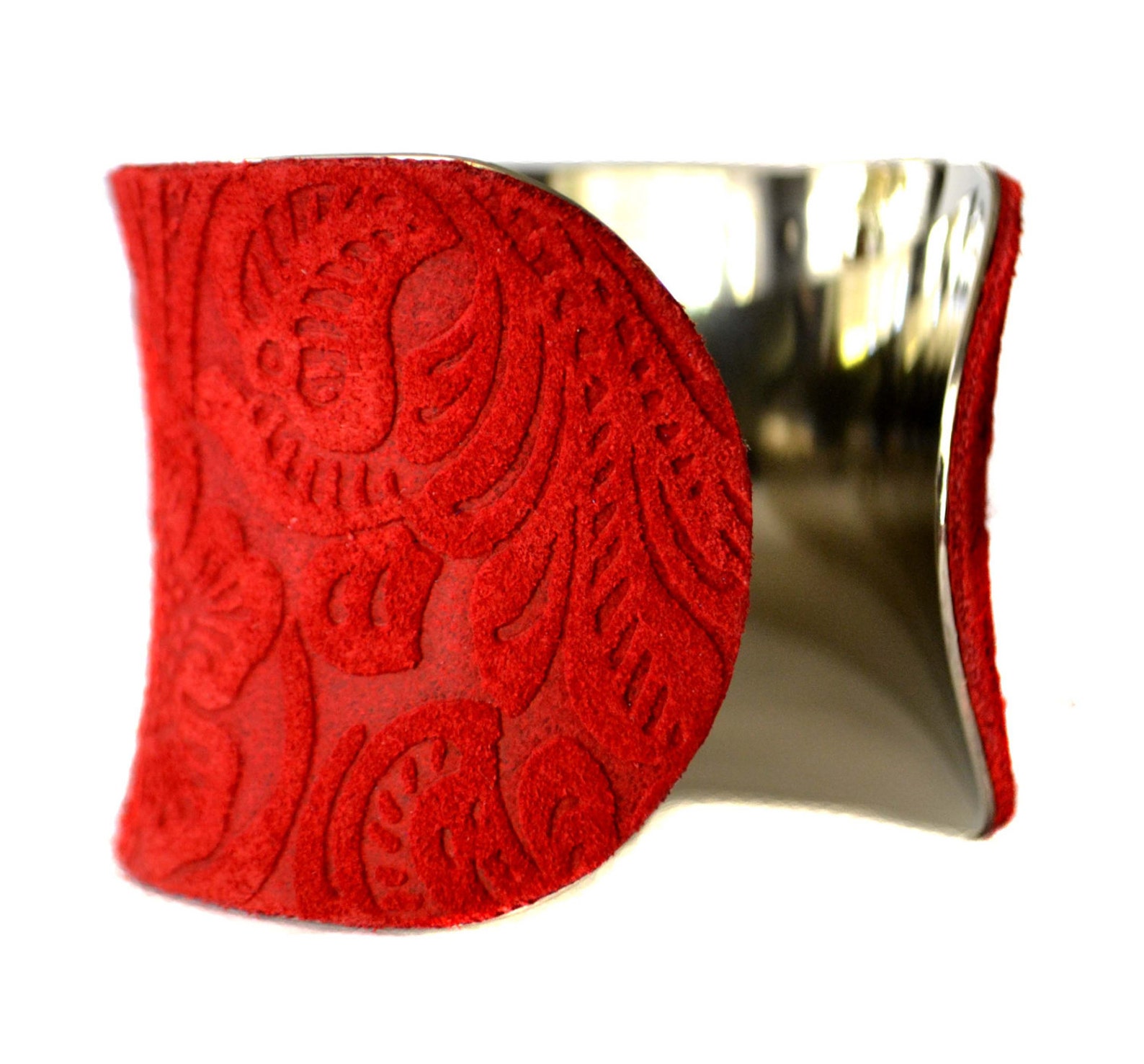 Bright Red Embossed Floral Suede Cuff Bracelet by UNEARTHED - Etsy