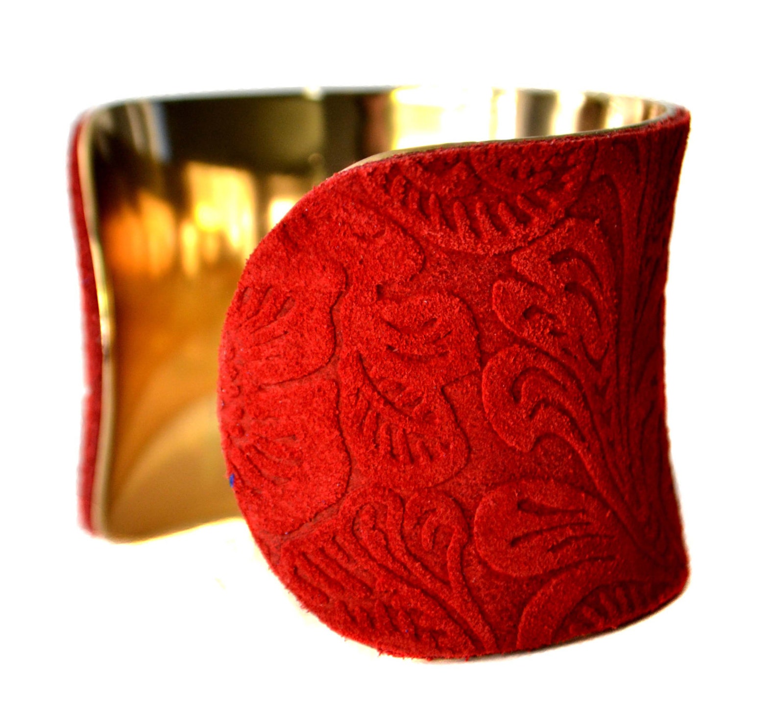 Bright Red Embossed Floral Suede Cuff Bracelet in Gold by - Etsy