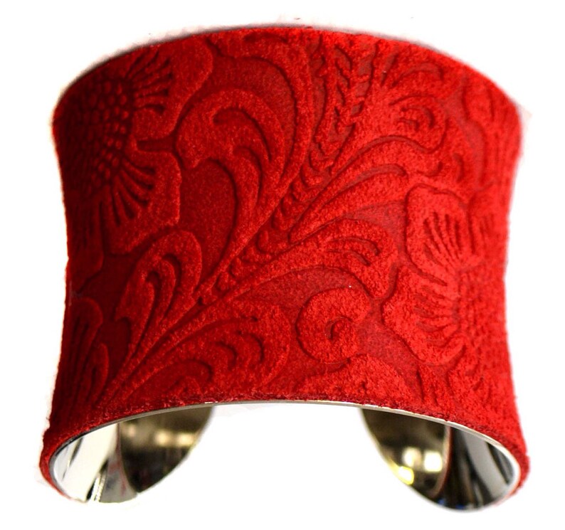 Bright Red Embossed Floral Suede Cuff Bracelet by UNEARTHED - Etsy