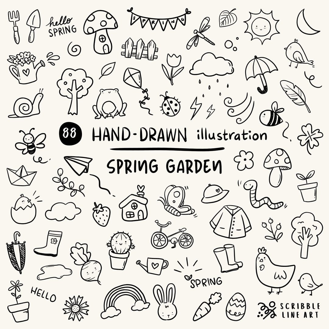 Spring Garden Hand-drawn Illustration Doodles PNG SVG Clipart Bundle - Etsy