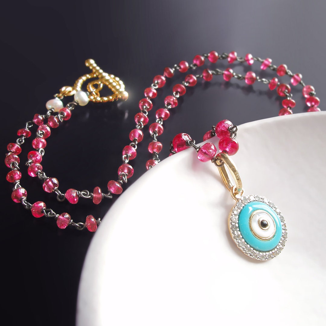 Custom Made to Order - Evil Eye Necklace With Red Spinel, 14k Diamond ...