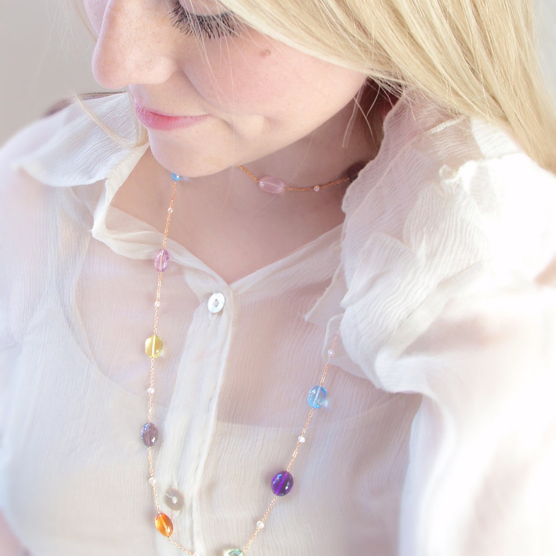 Custom Made to Order - Long Layer Necklace With Multi-gemstones and ...