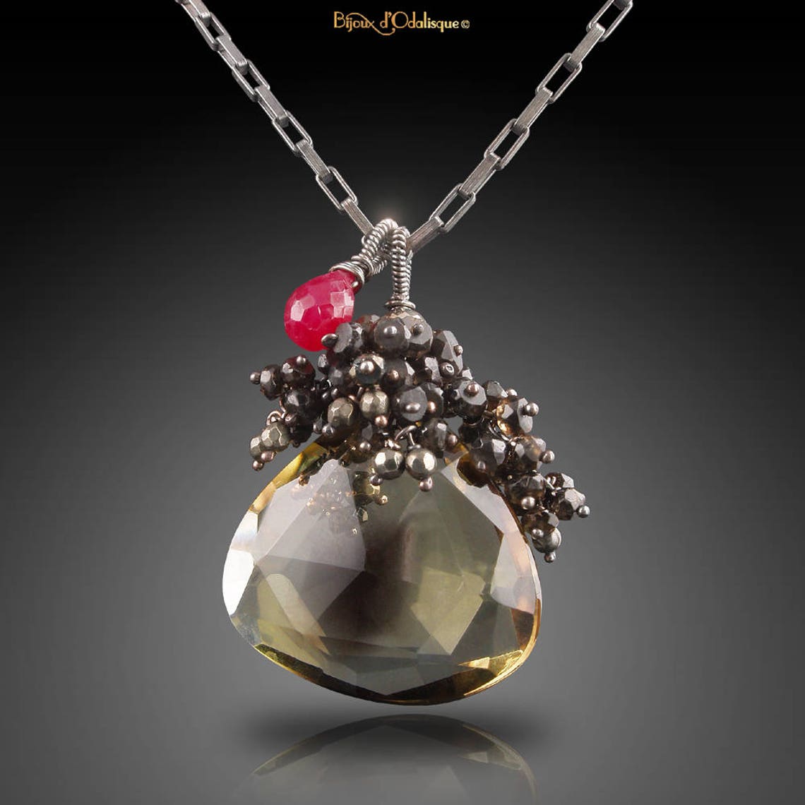 Bi-color Quartz Pendant With Black Spinel, Silver Pyrite, and Tiny Ruby ...