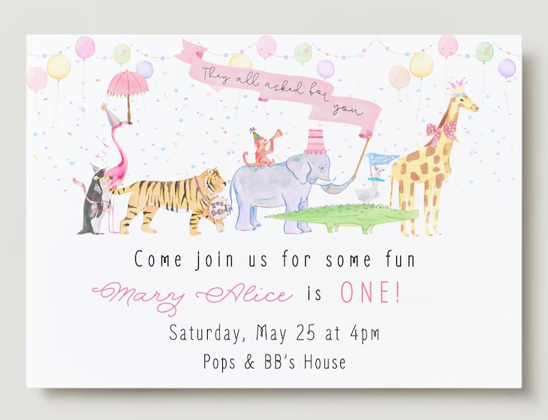 Birthday Invitation Whimsical Zoo Animal Parade Second Line - Etsy