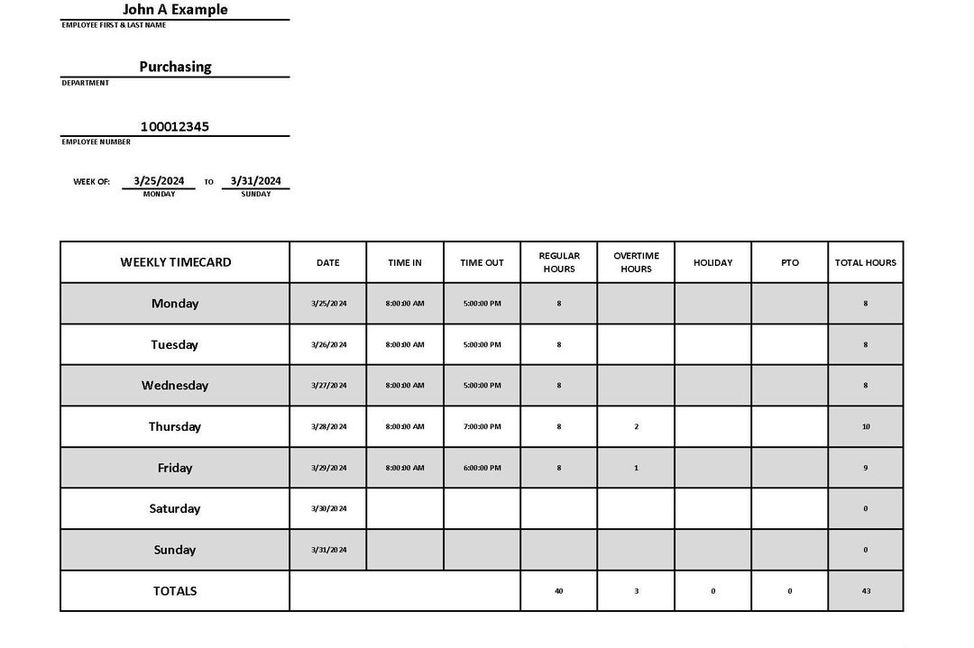 Editable Excel Employee Time Sheet, Weekly Time Tracker, Timekeeping ...